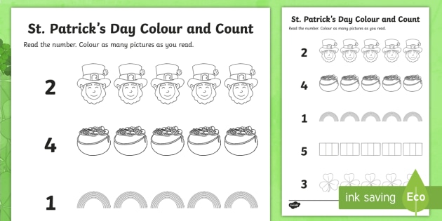 St Patricks Day Themed Count and Colour Sheet (teacher made)