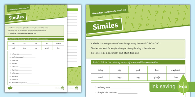 Grammar Homework Week 28 Similes 3rd/4th Class