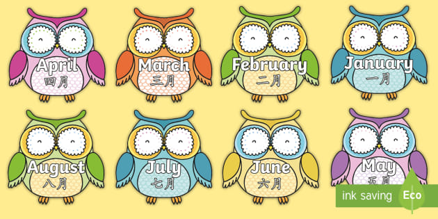Months of the Year on Cute Owls Display Cut-Outs English/Mandarin Chinese