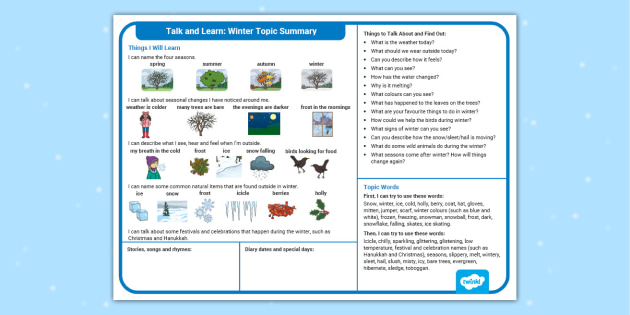 Talk and Learn: Winter Home Learning Knowledge Organiser