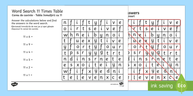 Multiplication 11 Times Tables Word Search Worksheet / Worksheet
