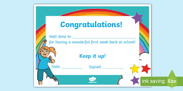KS1 First Week Back at School Certificate (teacher made)