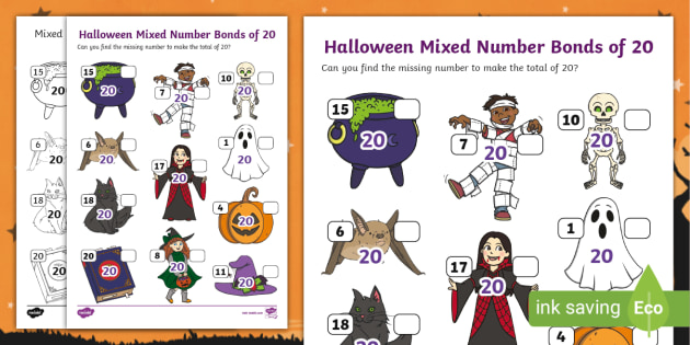 Halloween Themed Mixed Number Bonds to 20 Worksheet / Worksheet