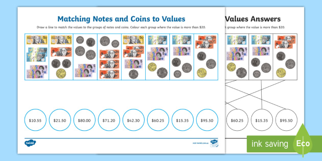 Matching Notes and Coins to Values Activity (teacher made)