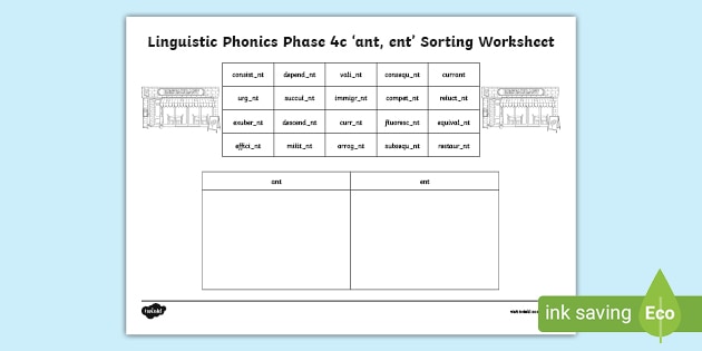 Linguistic Phonics Phase 4c 'ant, ent' Sorting Worksheet
