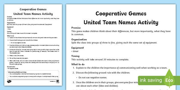 FREE! - KS2 Cooperative Games United Team Names Teaching Ideas