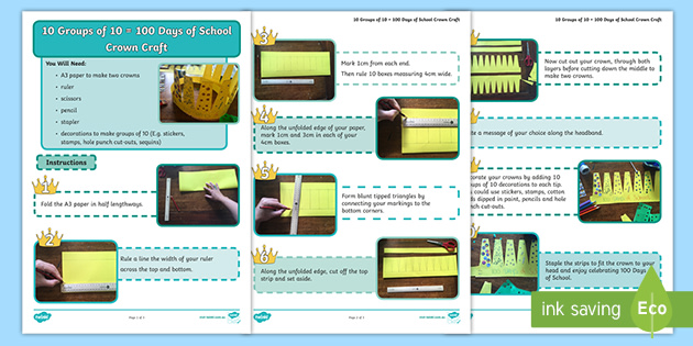 10 Groups of 10 = 100 Days of School Crown Craft Instructions