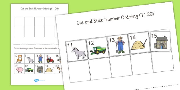 Farm Themed Cut and Stick Number Ordering Sheets 11-20 - farm