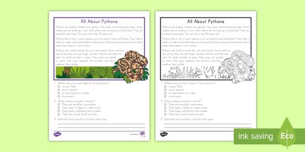 Second Grade Pythons Reading Comprehension Nonfiction