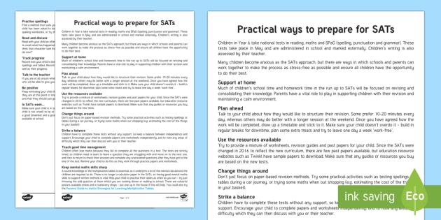 SATs Preparation Tips Parent and Carer Information Sheet - help