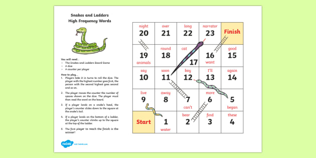 Snakes and Ladders 200 High Frequency Words Board Game