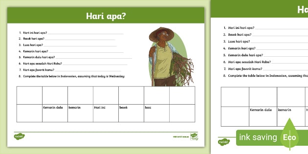 Days of the Week and Time Indicators Worksheet Indonesian