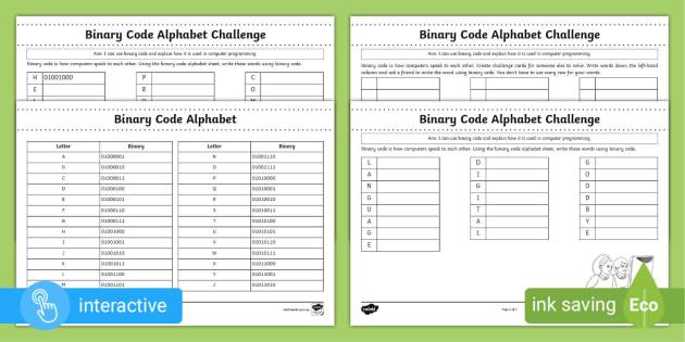 Binary Code Challenge Worksheets (teacher made)