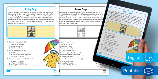 First Grade Rainy Days Reading Passage Comprehension Activity