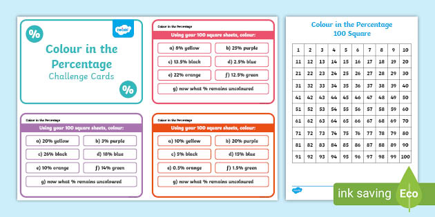 Color in the Percentage Maths Challenge Cards and 100 Square