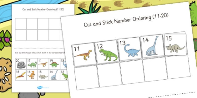 Dinosaur Themed Cut and Stick Number Ordering Sheets 11-20 - cut