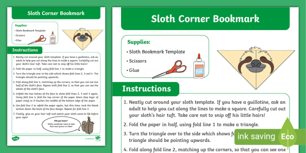 FREE! - Page Corner Sloth Bookmark Craft (teacher made)