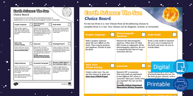 Earth Science: The Sun Choice Board (teacher made)
