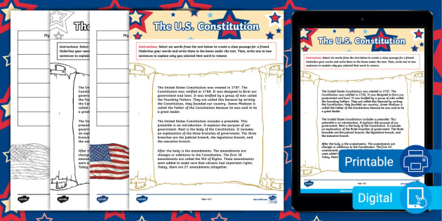 Third Grade U.S. Constitution Reverse Cloze Activity