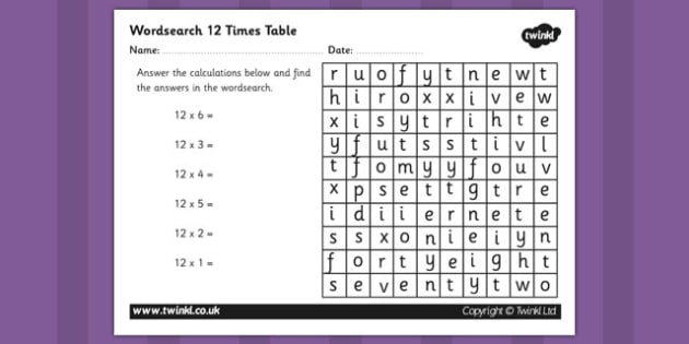 Multiplication 12 Times Tables Wordsearch Worksheet