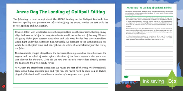 Anzac Day Editing The Gallipoli Landing Worksheet