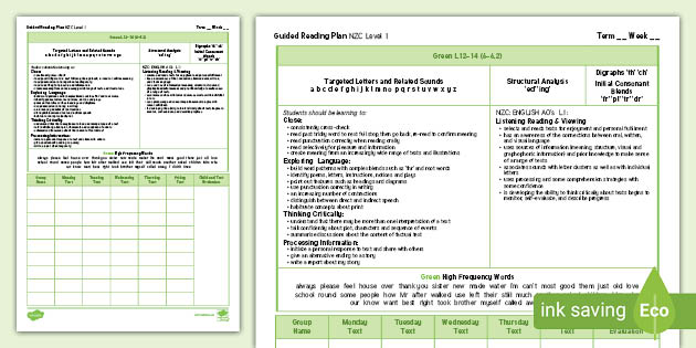 New Zealand Green Guided Reading Weekly Plan (teacher made)