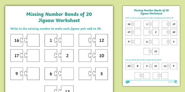 👉 Missing Number Bonds of 20 Jigsaw Worksheet