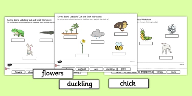 Spring Scene Labelling Cut and Stick Worksheet