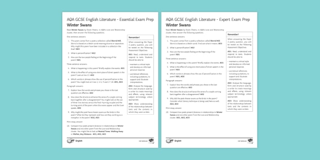 AQA Poetry: Winter Swans - Differentiated Revision Worksheets