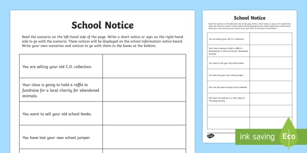 School Notice Writing Worksheet / Worksheet (teacher made)