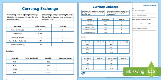 Currency Exchange Worksheet Maths Conversion