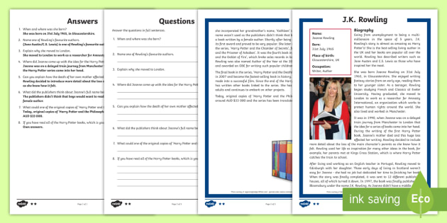 JK Rowling Differentiated Reading Comprehension Activity - Reading
