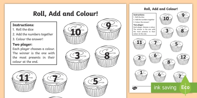 Cupcake Roll and Colour Dice Addition Activity