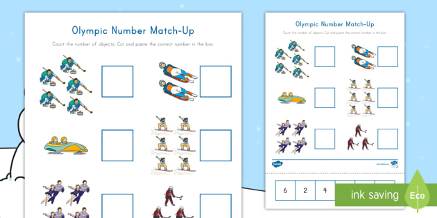 Winter Olympics Number Match-Up Activity Sheet - Cut and Glue