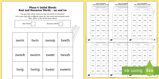 Phase 4 Colour by Initial Blends Real and Nonsense Words Worksheet