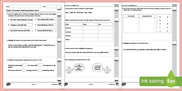 Grade 3 Grammar and Punctuation Test 6 (teacher made)