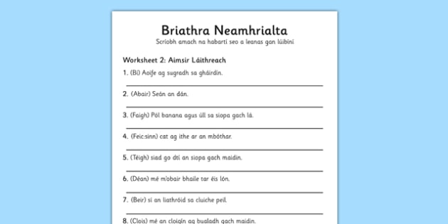 Aimsir Laithreach Briathra Neamhrialta Worksheet | Twinkl