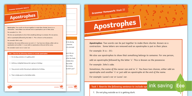 Grammar Homework Week 22 Apostrophes 3rd/4th Class