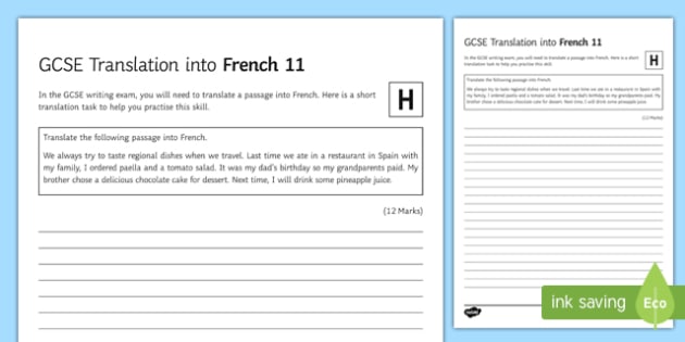 GCSE French: Translation into French - 11 Higher Tier Worksheet