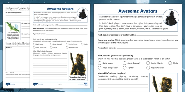 KS2 Awesome Online Gaming Avatars Worksheet / Worksheet