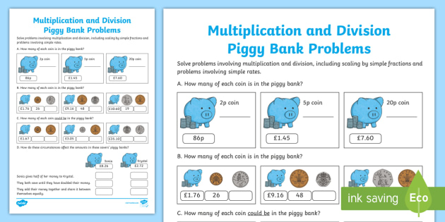 Scaling Numbers: What's in the Piggy Bank? Worksheet / Worksheet