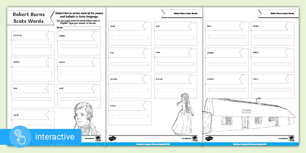 Interactive PDF: Robert Burns Scots Language Worksheet