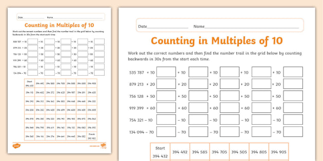 Counting in Multiples of 10 from any Number Differentiated Worksheets