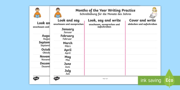 Months of the Year Writing Practice Worksheet / Worksheet English/German