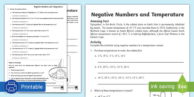 Negative Numbers and Temperature