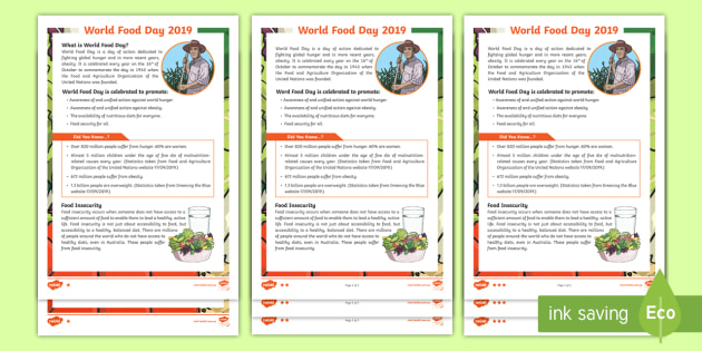 World Food Day Reading Comprehension (teacher made)