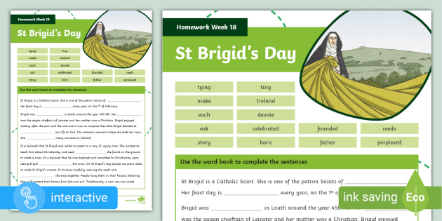 Cloze Procedure Homework Week 18 St Brigid's Day 3rd/4th Class