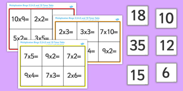 Multiplication Bingo 2, 3, 4, 5 and 10 Times Table Arabic Translation