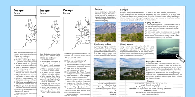 Europe Natural Features Comprehension Worksheet / Worksheets English ...