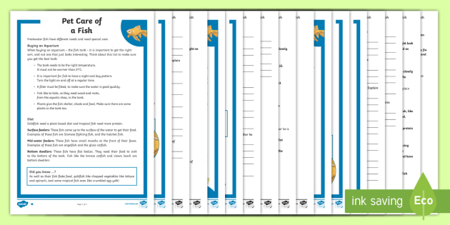 Pet Care of Fish Differentiated Reading Comprehension Activity